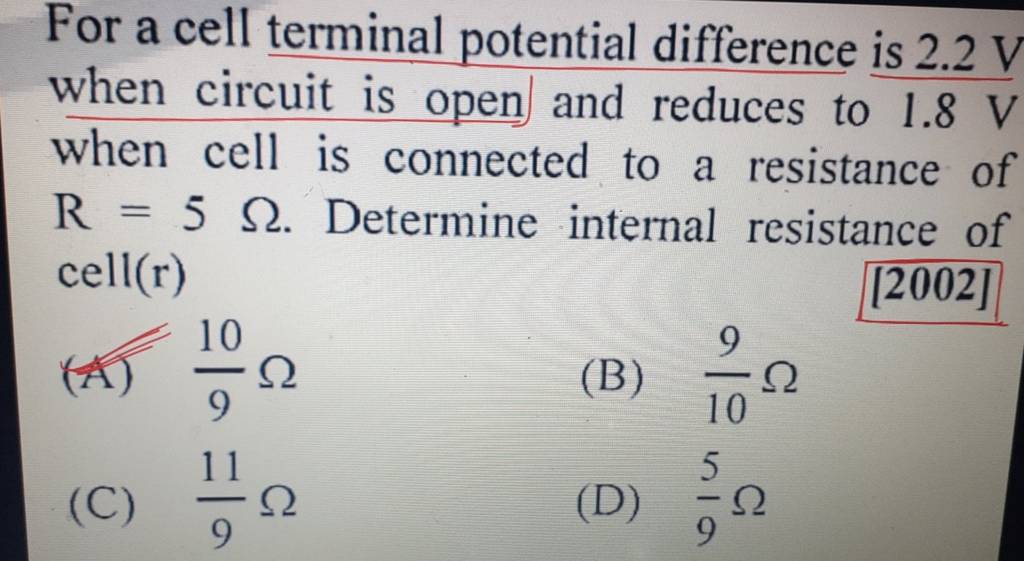 For a cell terminal potential difference is 2.2mathrm V when circuit is o..