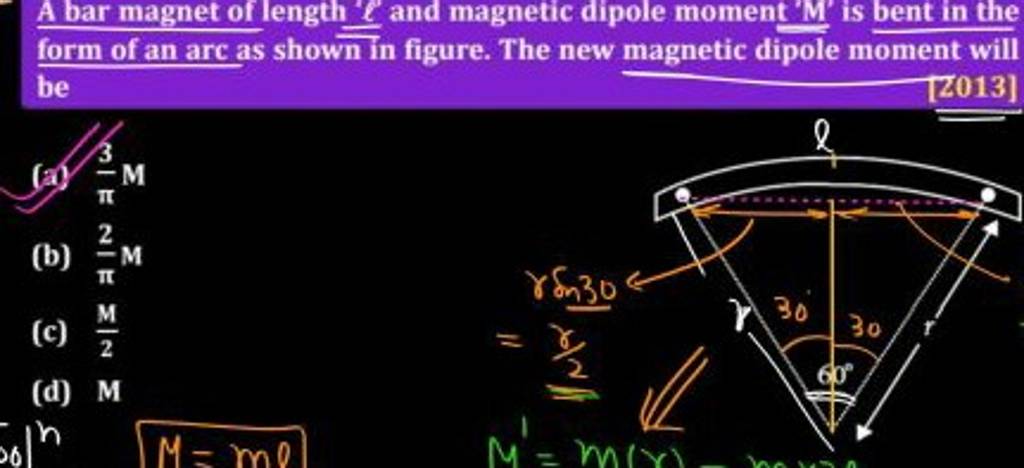 A bar magnet of length ell and magnetic dipole moment mathrmM is bent i..