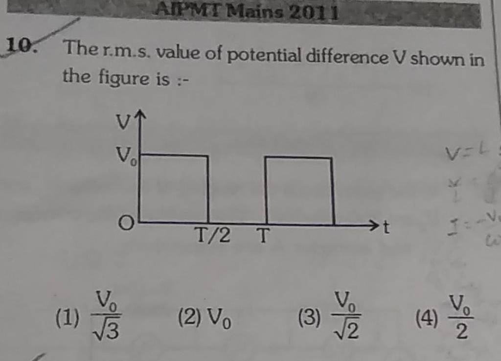 The r.m.s. value of potential difference V shown in the figure is