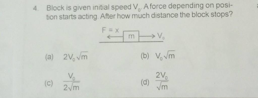 Block is given initial speed V0 . A force depending on position starts ac..