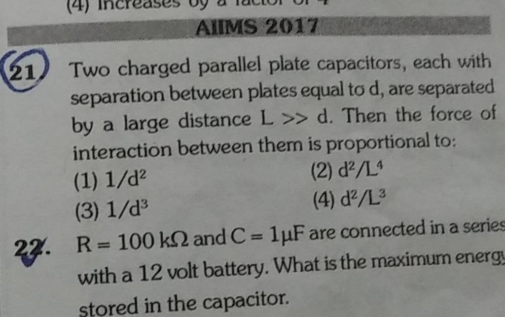 Two Charged Parallel Plate Capacitors Each With Separation Between Plat