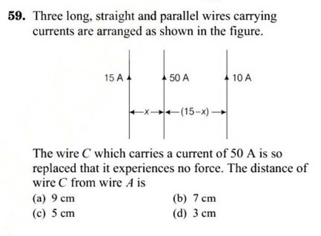 Three long, straight and parallel wires carrying currents are arranged as..