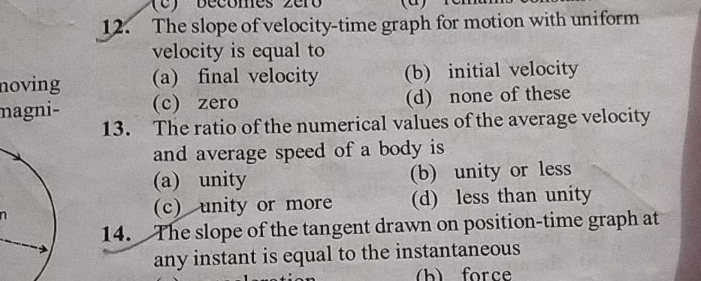 The slope of velocity-time graph for motion with uniform velocity is equa..
