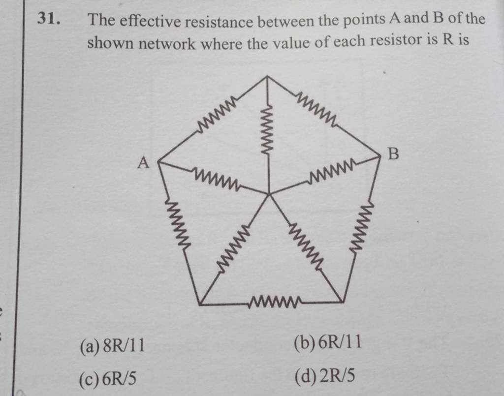 The effective resistance between the points A and B of the shown network