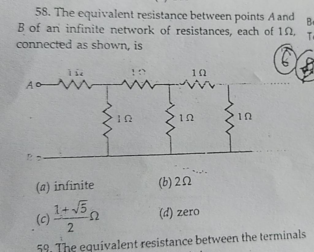 The equivalent resistance between points A and B of an infinite network o..