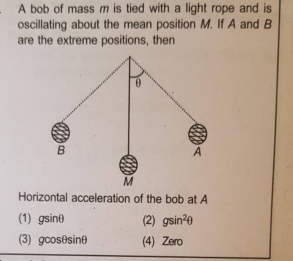 A bob of mass m is tied with a light rope and is oscillating about the me..