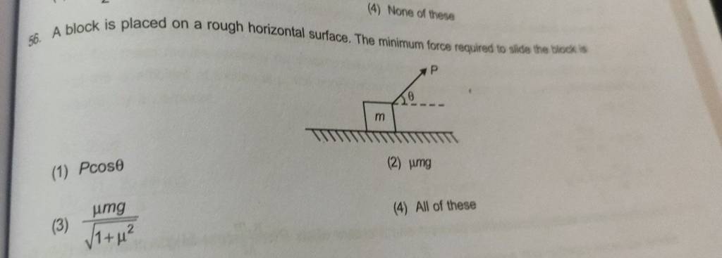 A block is placed on a rough horizontal surface. The minimum force requir..