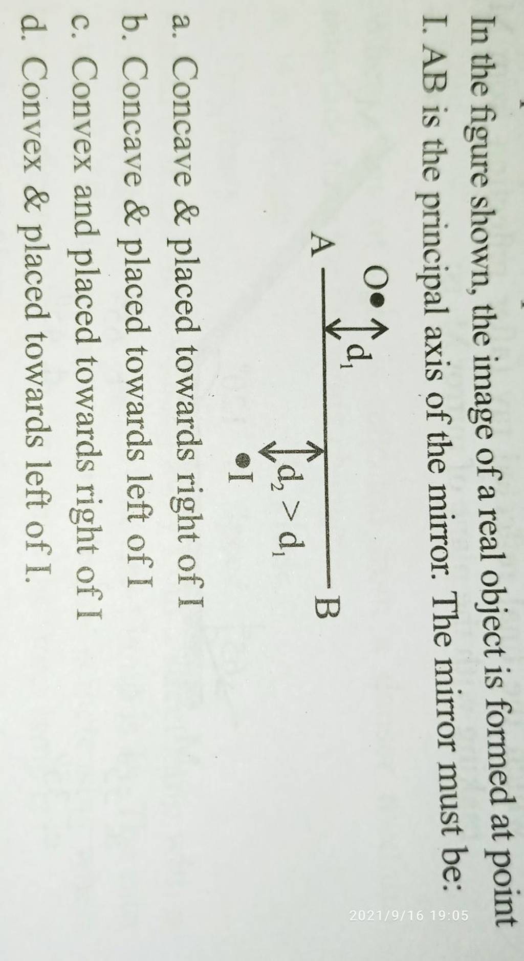 In the figure shown, the image of a real object is formed at point I. AB