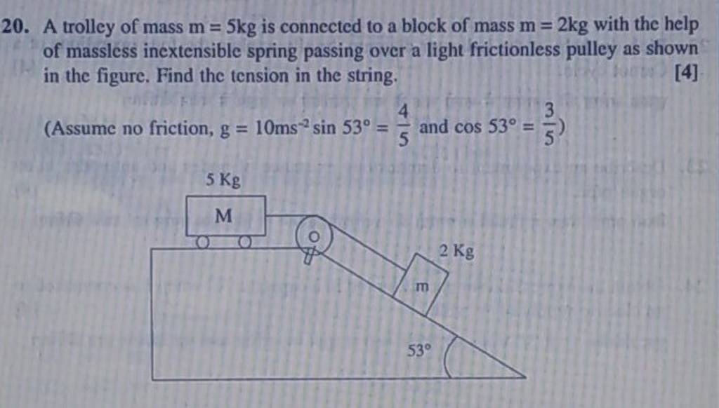 20. A trolley of mass m=5mathrm kg is connected to a block of mass m=2kg