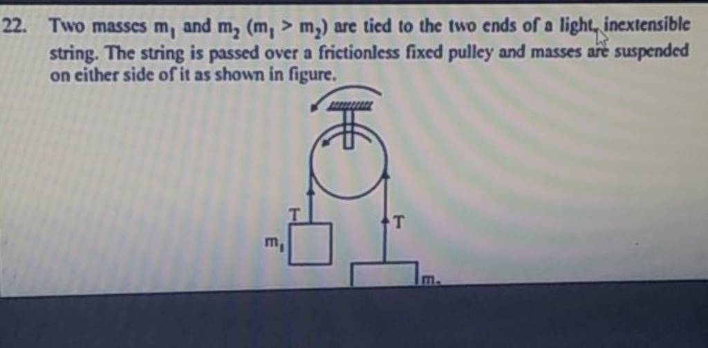 22. Two masses m1 and m2 left(m1 >m2 ight) are tied to the two ends of a..