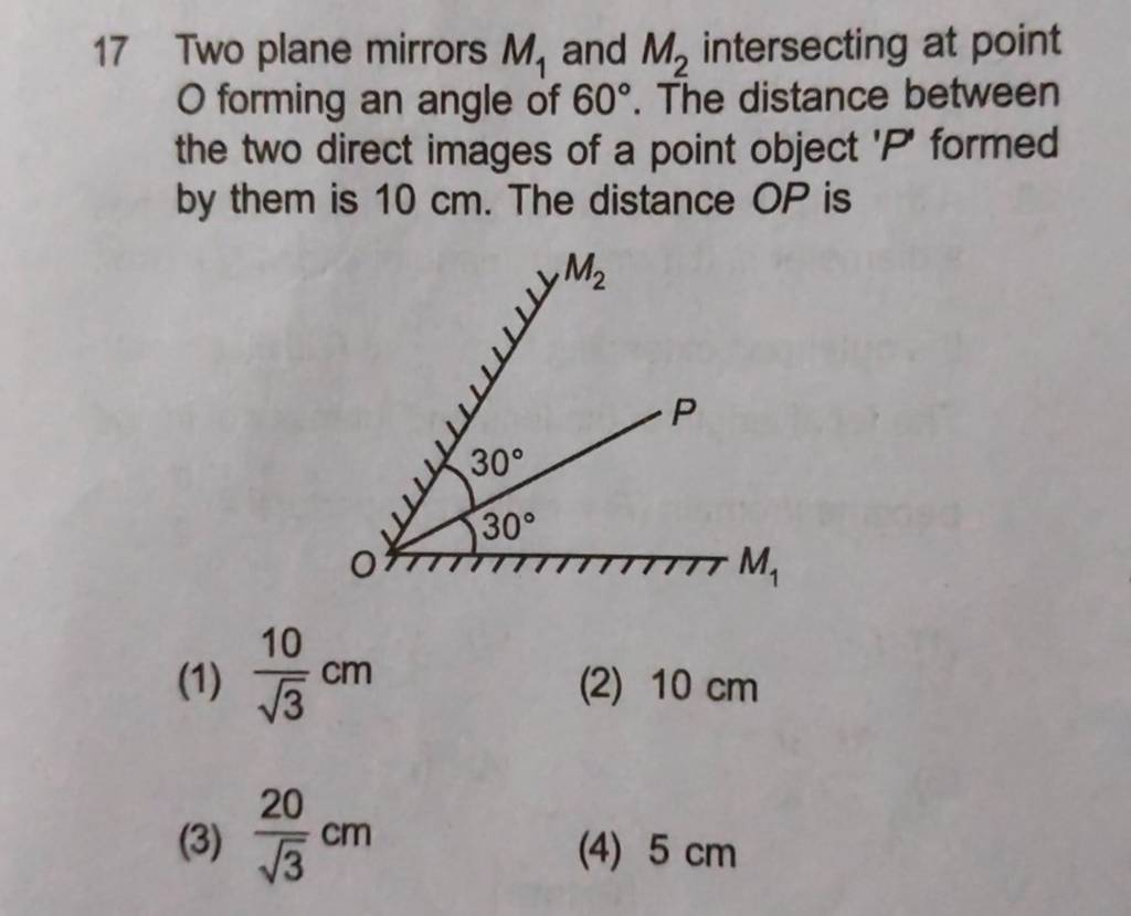 17 Two plane mirrors M1 and M2 intersecting at point O forming an angle..