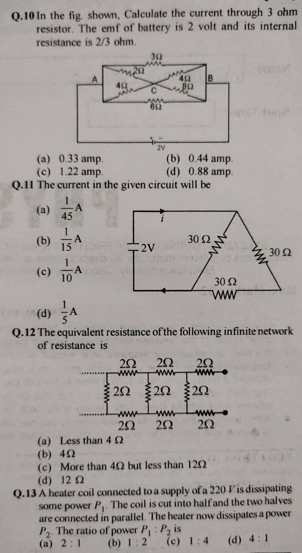 Q 10 In The Fig Shown Calculate The Current Through 3 Ohm Resistor The
