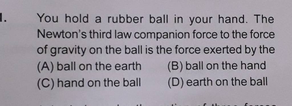 You hold a rubber ball in your hand. The Newtons third law companion forc..