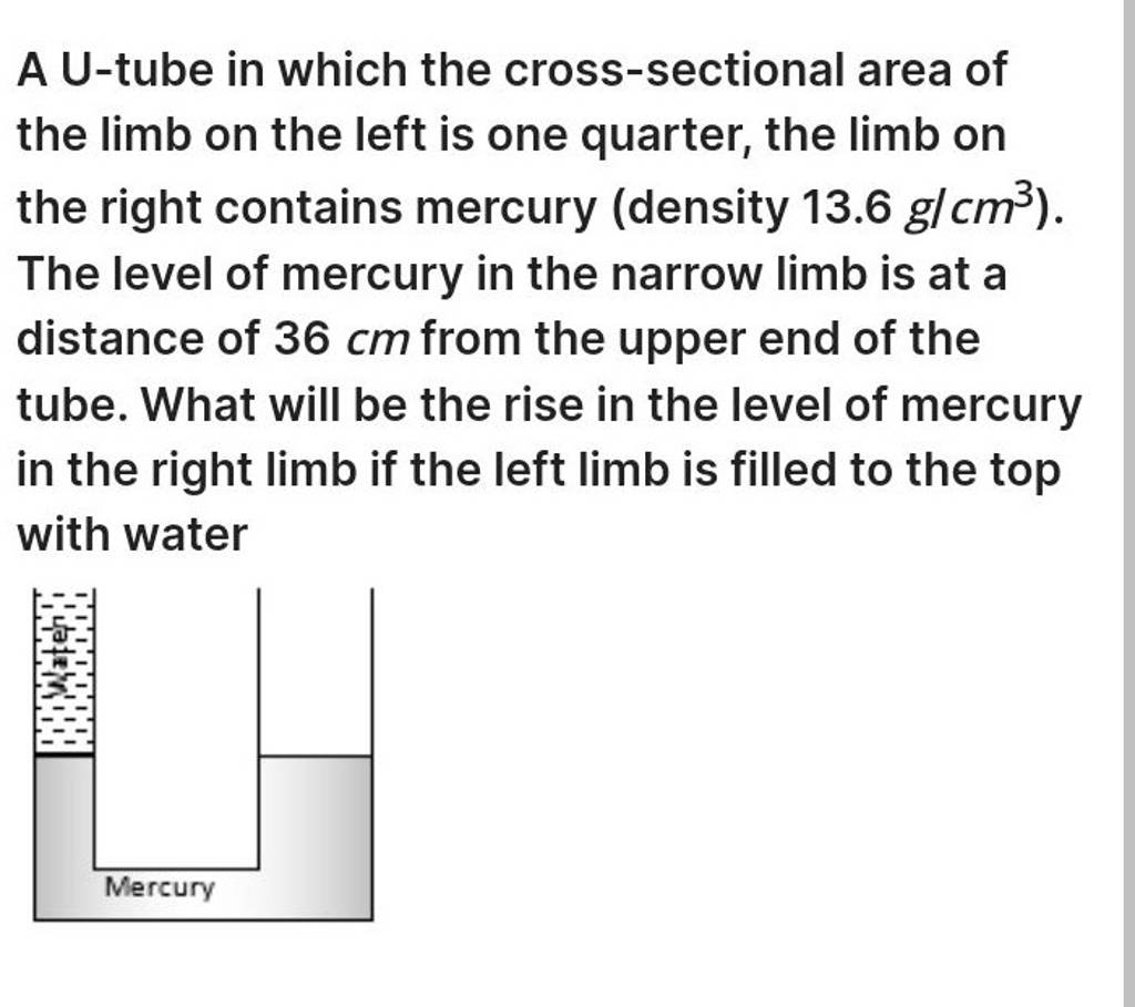 A U Tube In Which The Cross Sectional Area Of The Limb On The Left Is One