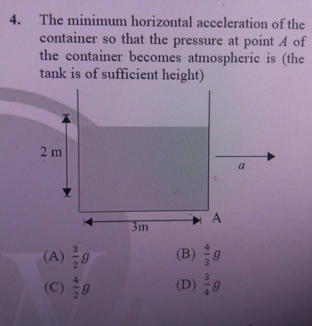 The minimum horizontal acceleration of the container so that the pressure..