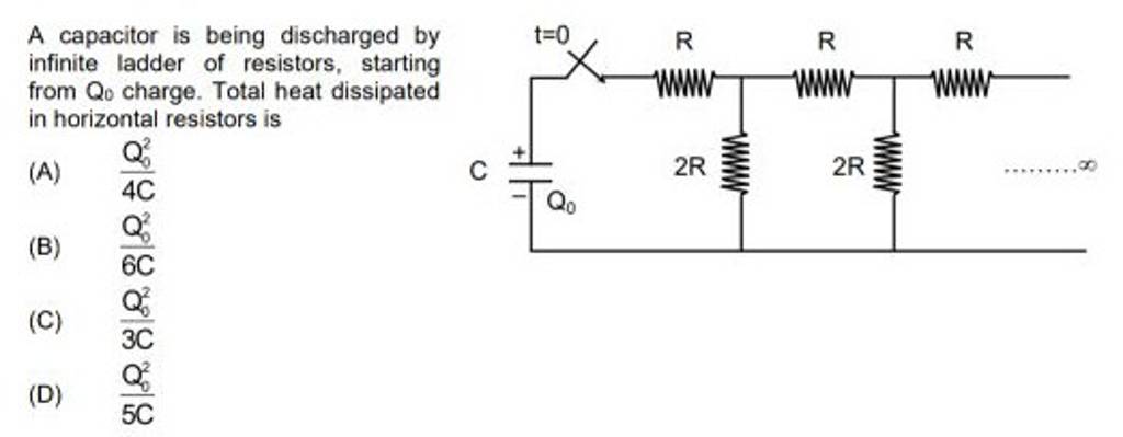 A capacitor is being discharged by infinite ladder of resistors, starting..