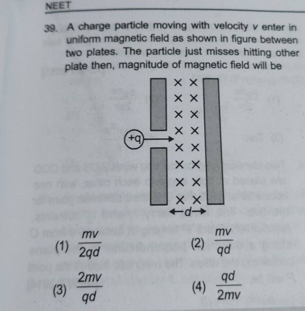 A charge particle moving with velocity v enter in uniform magnetic field