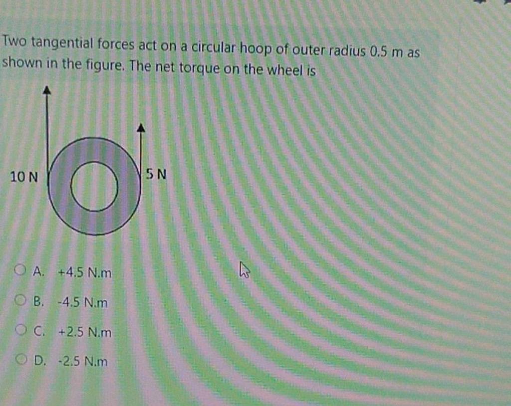 Two tangential forces act on a circular hoop of outer radius 0.5mathrm m