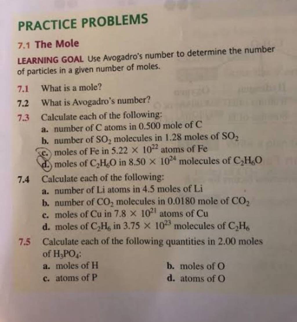 PRACTICE PROBLENS 7.1 The Mole LeARNING GOAL Use Avogadro's number to det..