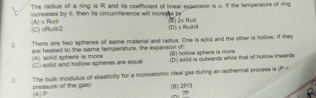 The bulk modulus of elasticity for a monoatomic ideal gas during an isoth..