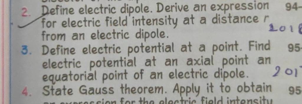 2. Define electric dipole. Derive an expression for electric field intens.. 2. Define electric dipole. Derive an expression for electric field intens..