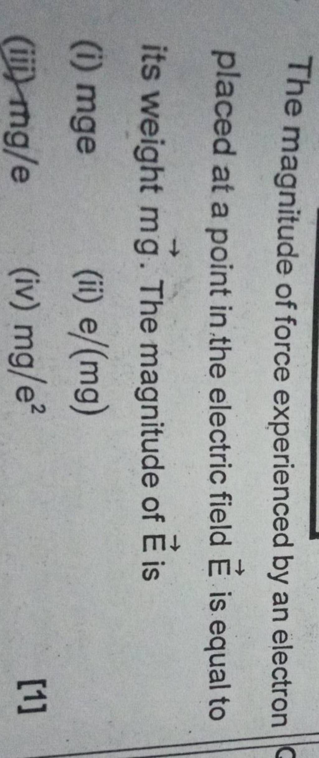 The magnitude of force experienced by an electron placed at a point in th..