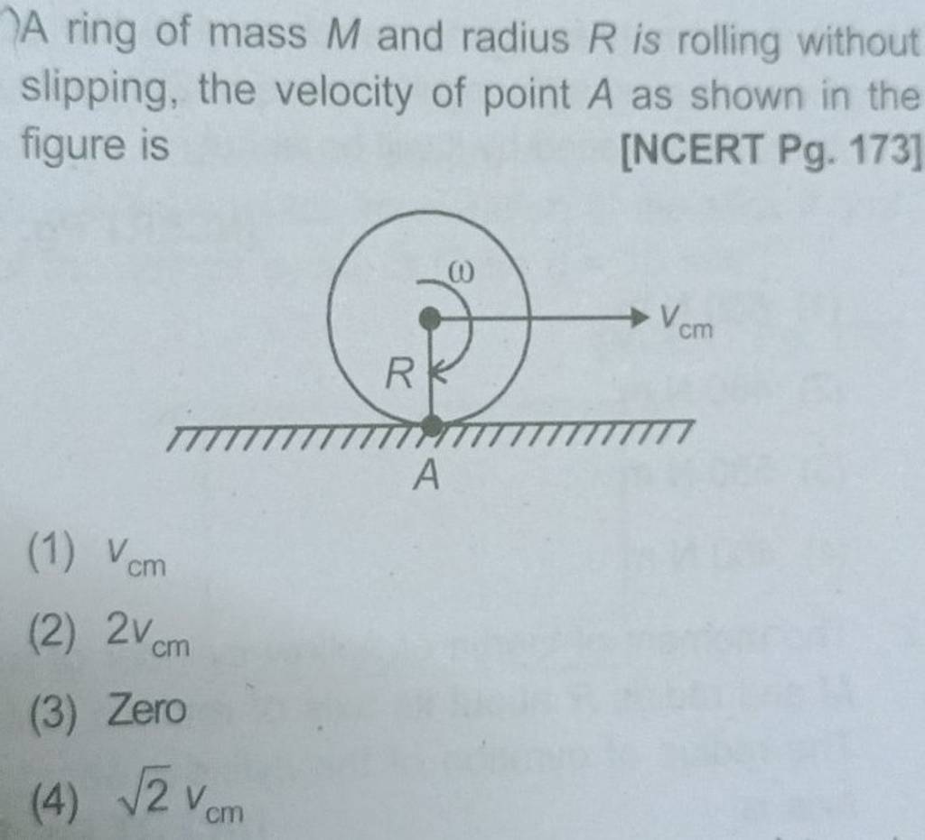 A ring of mass M and radius R is rolling without slipping, the velocity o..