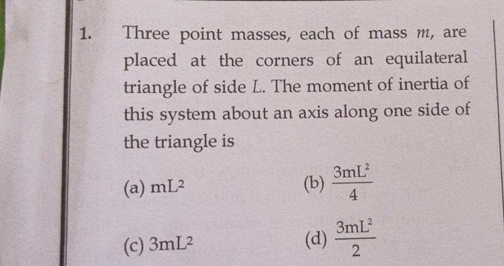 Three point masses, each of mass m, are placed at the corners of an equil..