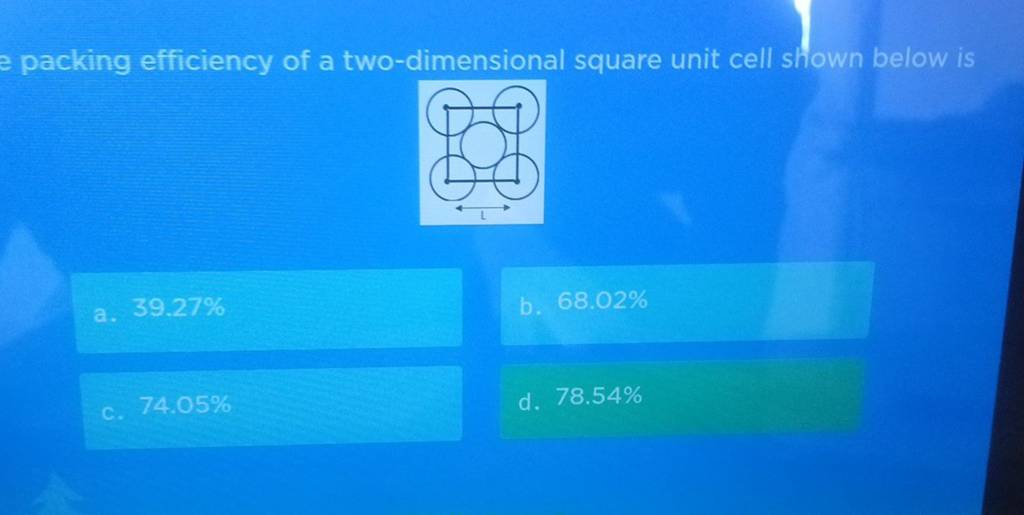 packing efficiency of a two-dimensional square unit cell shown below is..
