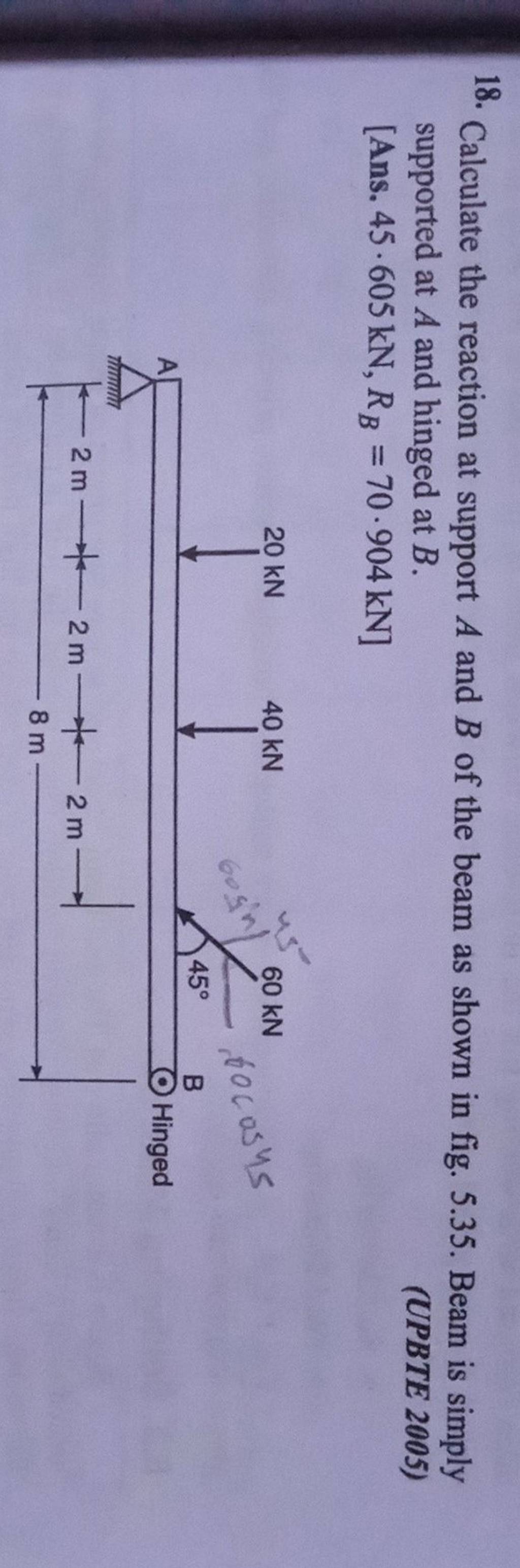 18. Calculate the reaction at support A and B of the beam as shown in fig..