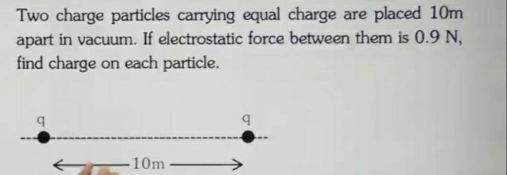 Two charge particles carrying equal charge are placed 10 m apart in vacuu..