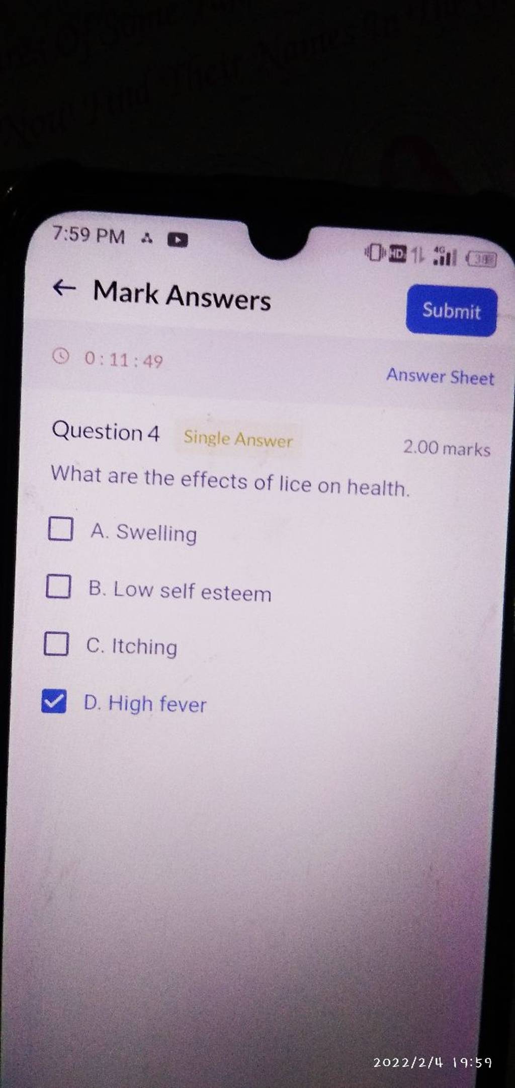 - Mark Answers Submit (1) 0:11:49 Answer Sheet Question 4 Single Answer 2..