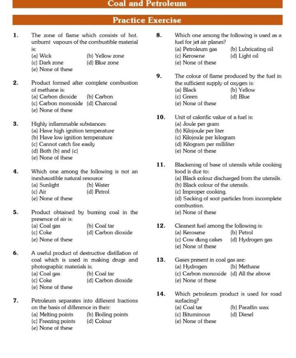 Product formed after complete combustion 9. The colour of flame produced