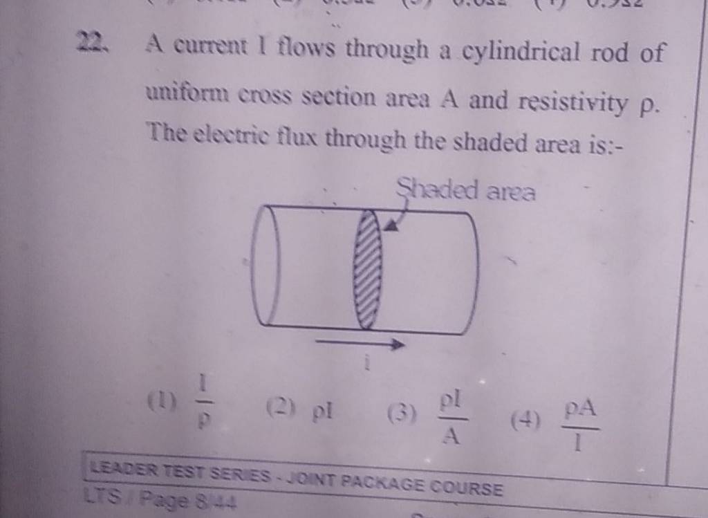 A current I flows through a cylindrical rod of uniform cross section area..