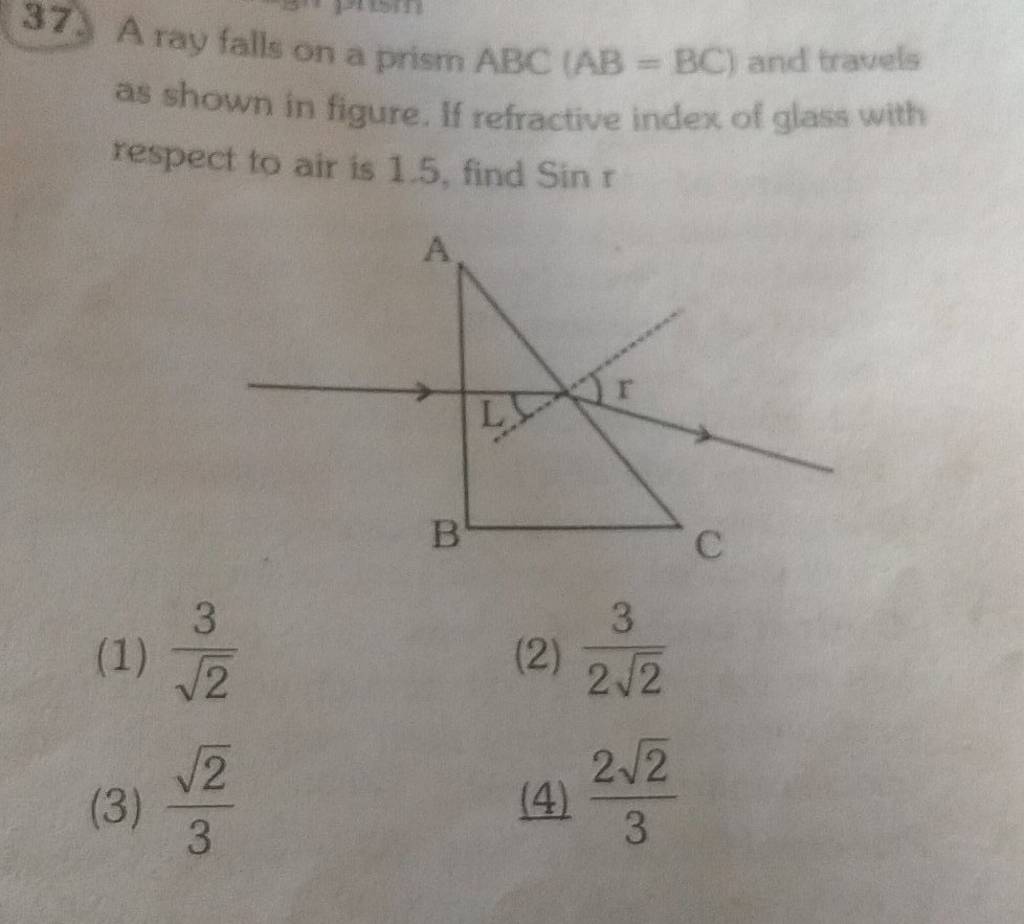 A ray falls on a prism ABC(AB=BC) and travels as shown in figure. If refr..