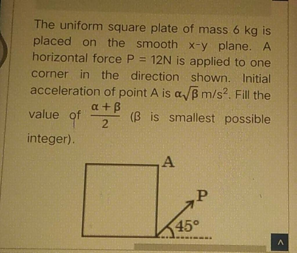 The uniform square plate of mass 6 kg is placed on the smooth x−y plane.