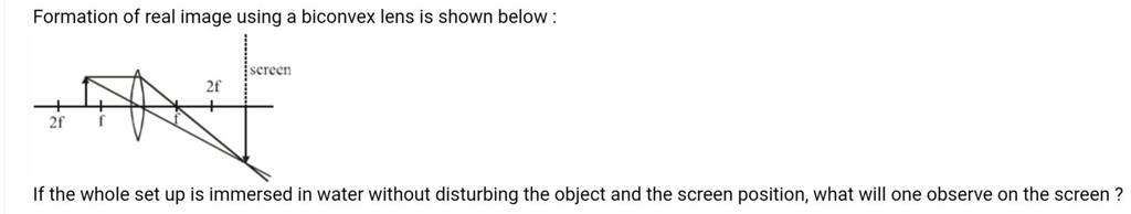Formation of real image using a biconvex lens is shown below : If the who..