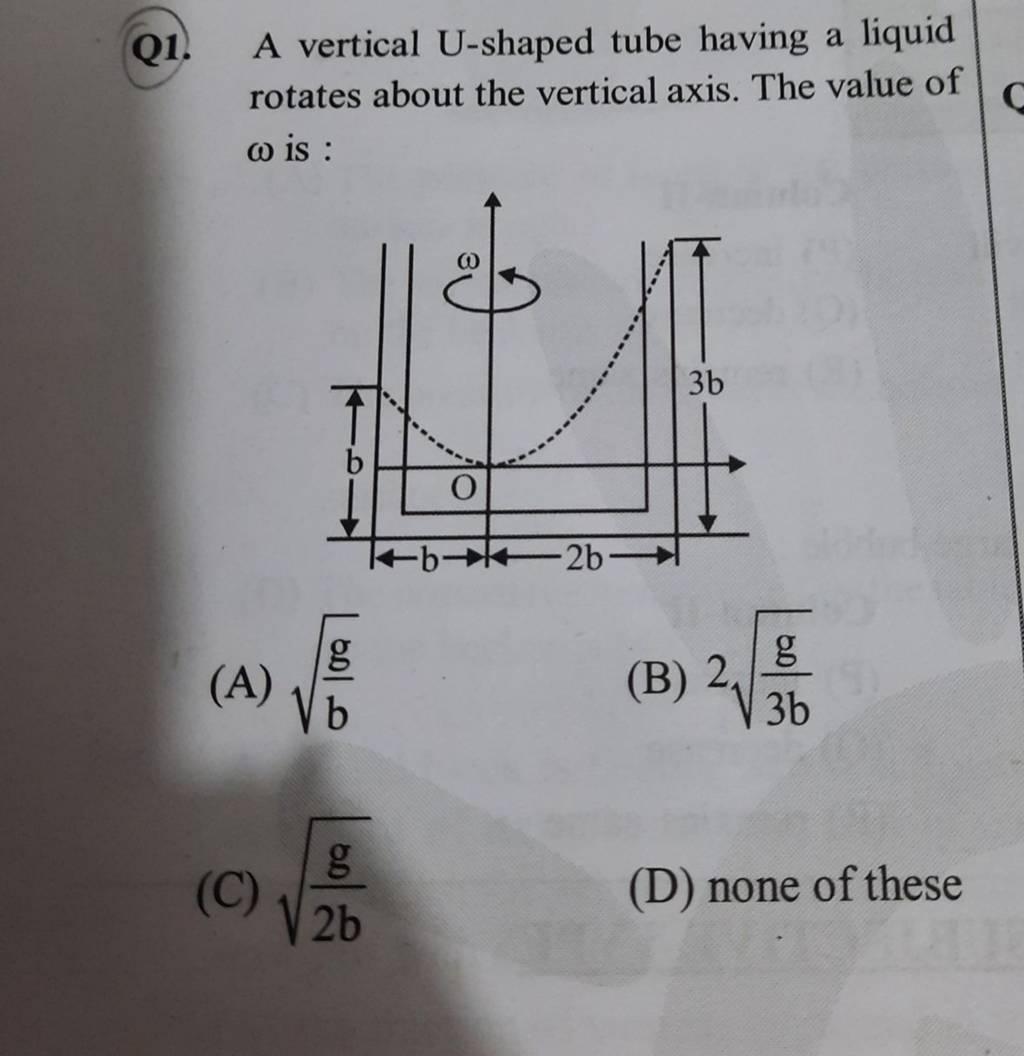 Q1. A vertical U-shaped tube having a liquid rotates about the vertical a..