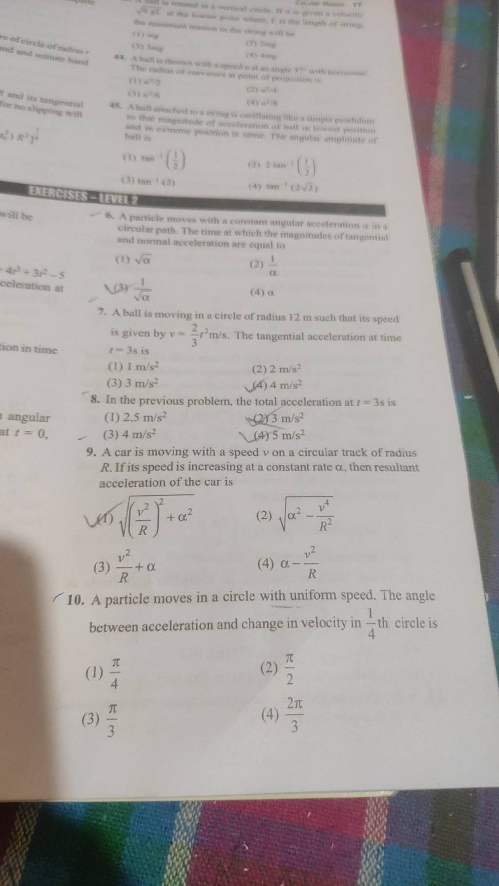 A particle moves in a circle with uniform speed. The angle between accele..