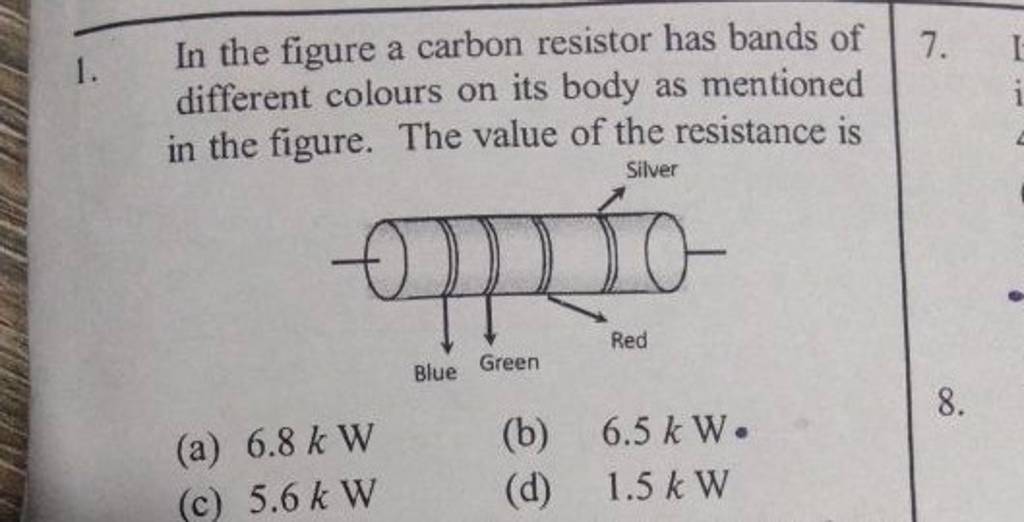 In the figure a carbon resistor has bands of different colours on its bod..