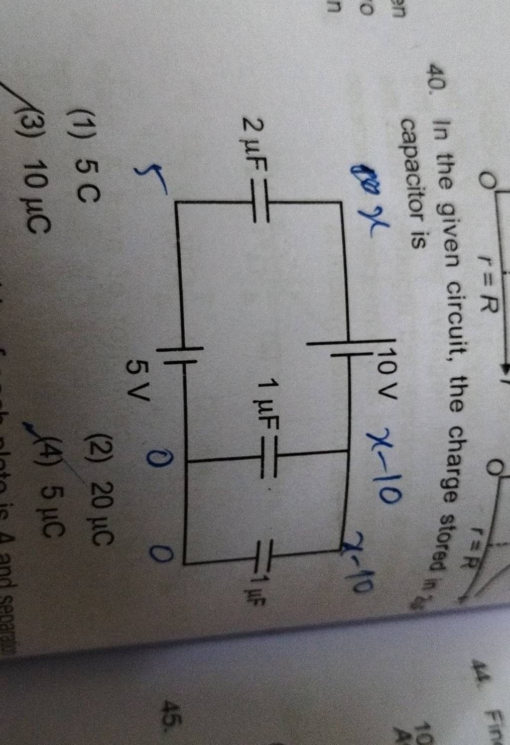 In the given circuit, the charge stored in 2 capacitor is | Filo