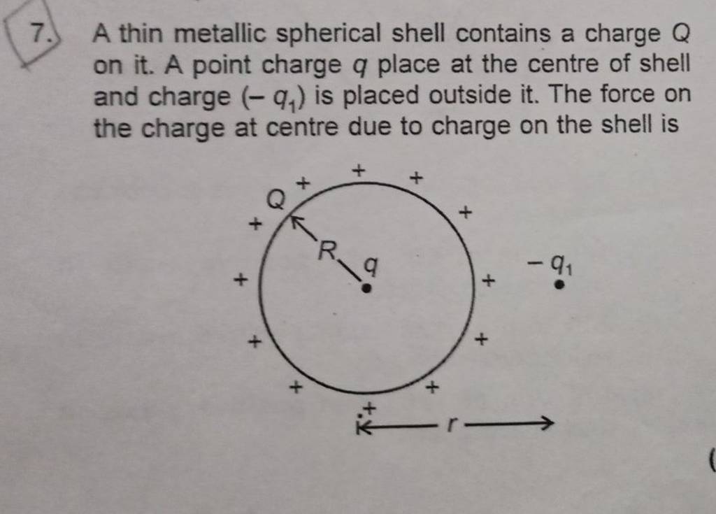 7. A thin metallic spherical shell contains a charge Q on it. A point cha..