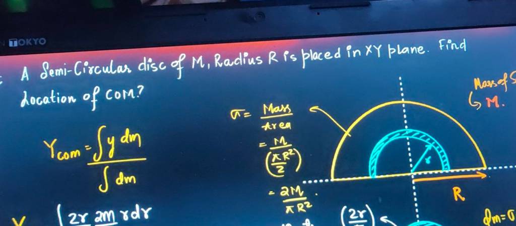 A Semi-Circular disc of M, Radius R is placed in XY plane. Find docation