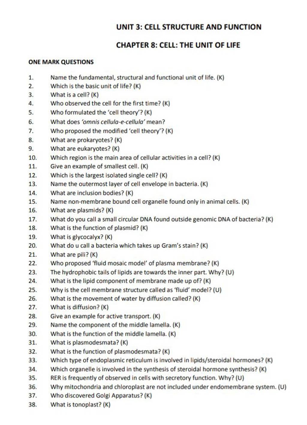 UNIT 3: CELL STRUCTURE AND FUNCTION CHAPTER 8: CELL: THE UNIT OF LIFE ONE..