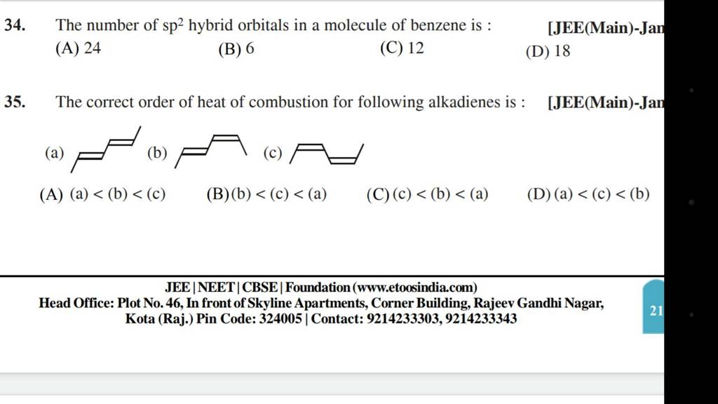 The number of sp2 hybrid orbitals in a molecule of benzene is : | Filo