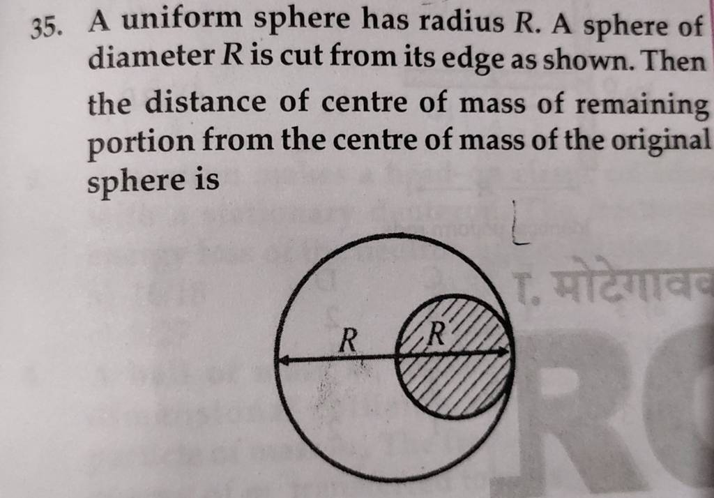 35. A uniform sphere has radius R. A sphere of diameter R is cut from its..