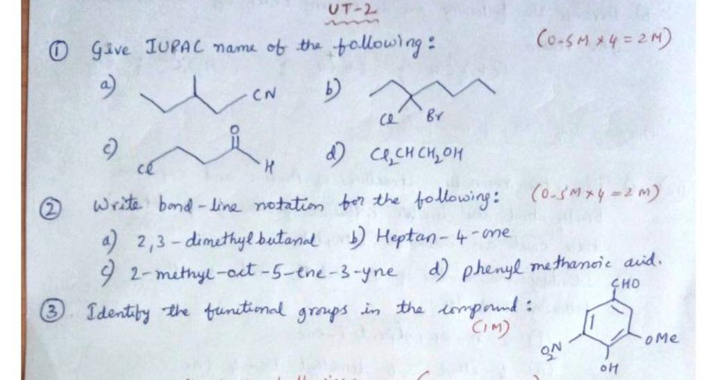 Write bond-line notation for the following: (0.5M×4=2 m) | Filo