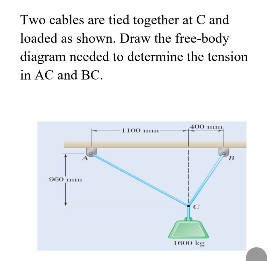 Two cables are tied together at C and loaded as shown. Draw the free-body.. Two cables are tied together at C and loaded as shown. Draw the free-body..