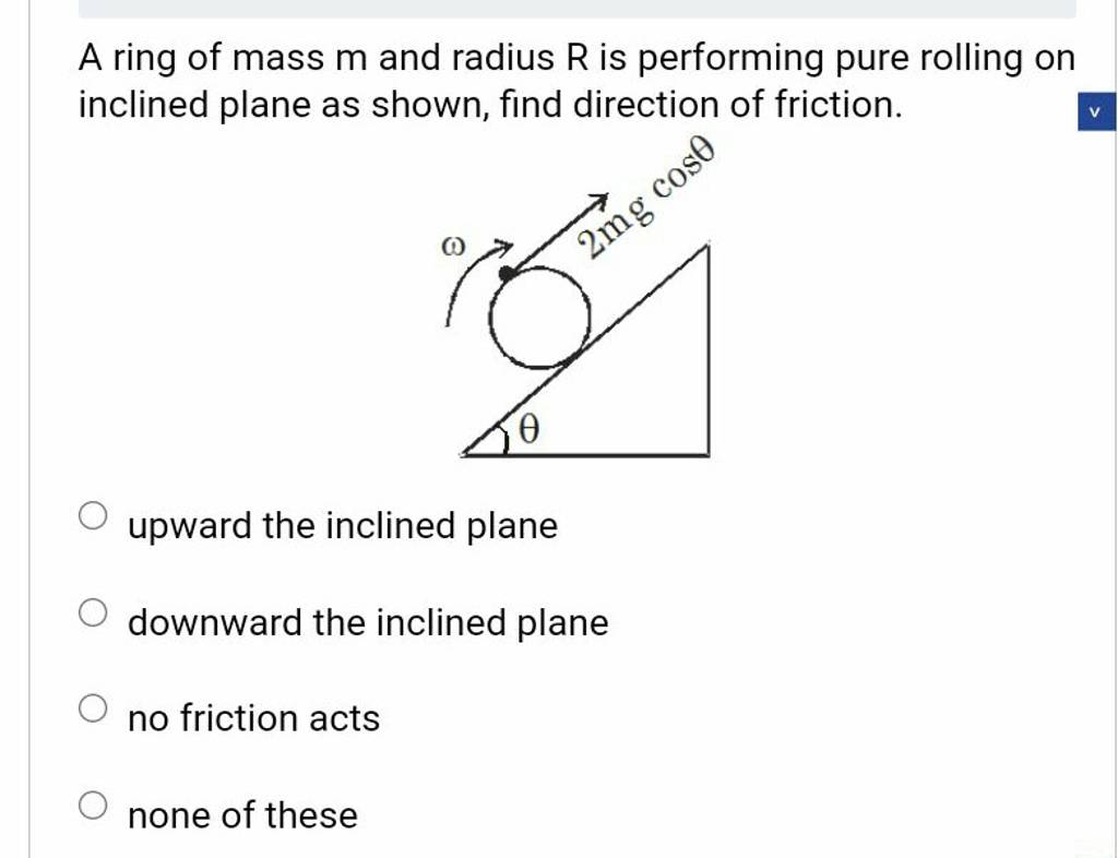 A ring of mass m and radius R is performing pure rolling on inclined plan..