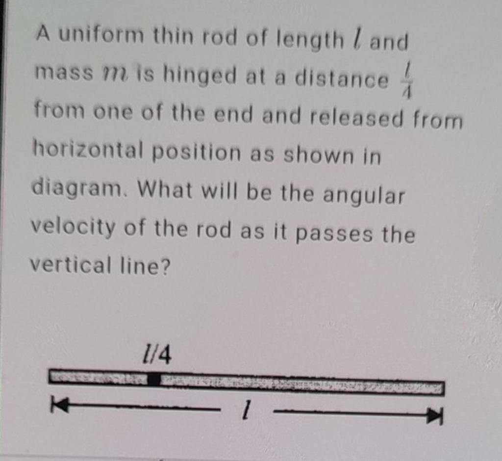 A uniform thin rod of length l and mass m is hinged at a distance 41 fro..